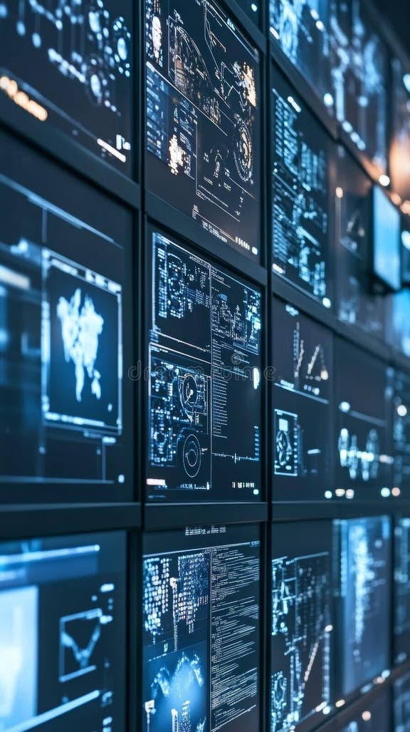 A Vast Array of Digital Screens Displays Various Data Visualizations ...