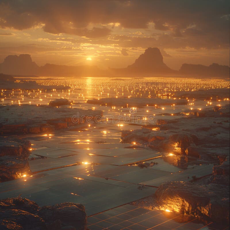 Golden Sunset Landscape Solar Panels Futuristic Desert Scene Digital ...