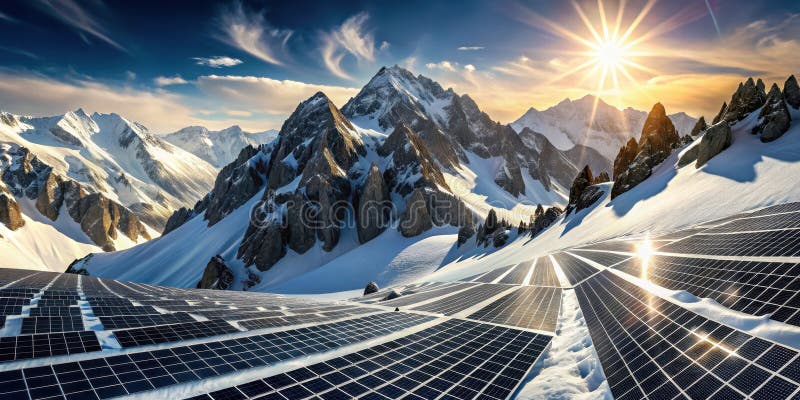 A Vast Array of Solar Panels on a Snowy Mountain at Sunset. Generative ...