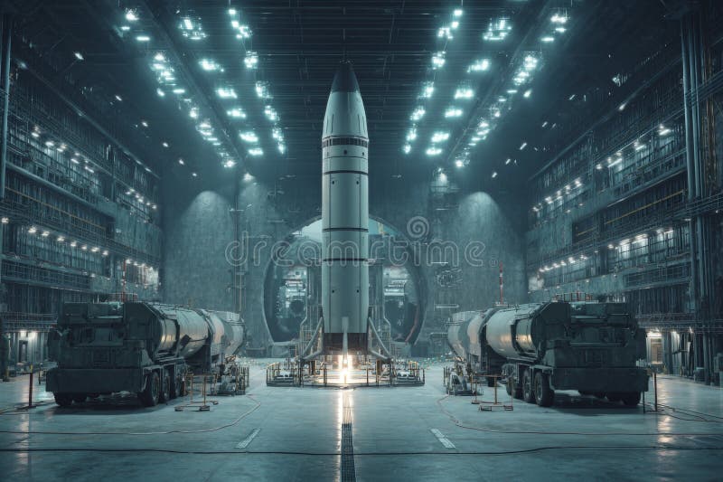 In a Vast Assembly Facility, a Rocket Stands Tall while Ground Support Vehicles Prepare for ...