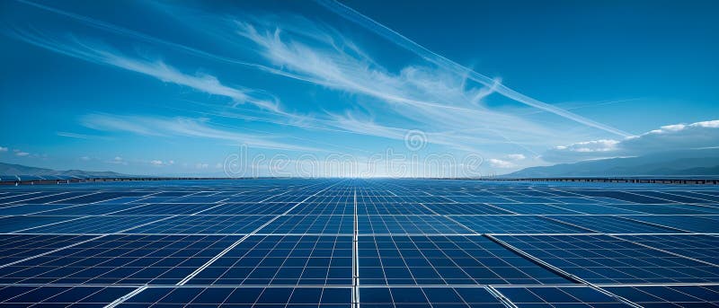 Vast Blue Solar Array Under Wispy Skies. Concept Solar Energy, Blue Sky ...