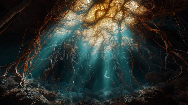 Vast Cavern Illuminated by Sunlight Filtering through Roots during the ...
