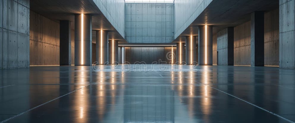 Vast Concrete Hall with Reflective Floor and Light Pillars. Stock Image ...
