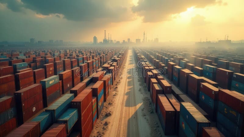 Vast Container Yard at Golden Hour Rows of Shipping Containers Extend ...