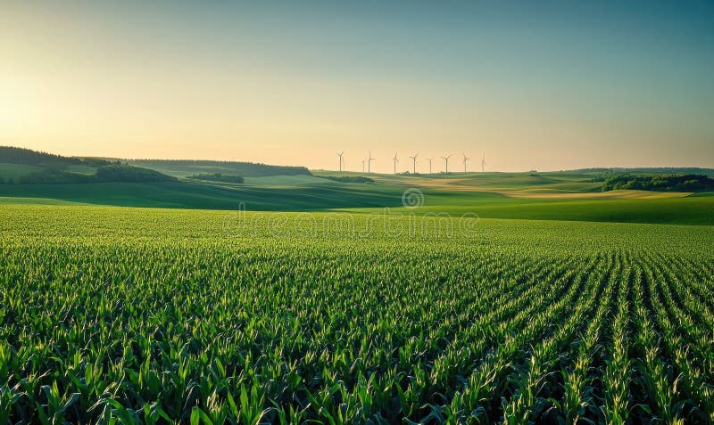 Vast Cornfields, Wind Turbines in the Distance, Green Expanse Stock ...