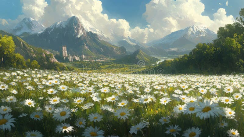 Vast Daisy Field with Mountain Village Background Stock Illustration ...