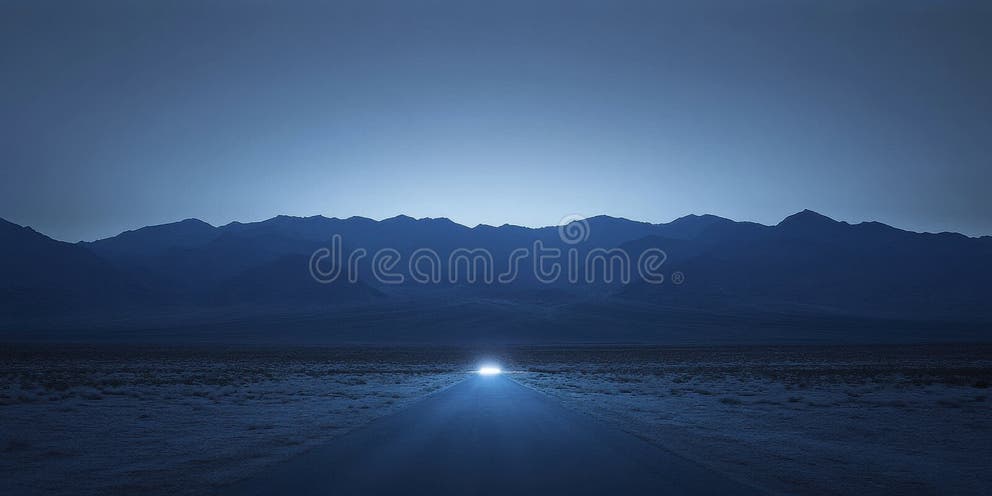 Dark Blue Twilight Landscape with Silhouetted Mountains and Bright Reflection Stock Illustration ...