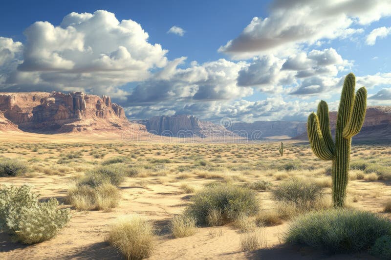 Vast Desert Landscape with Cactus and Dramatic Cloud Formations in the ...