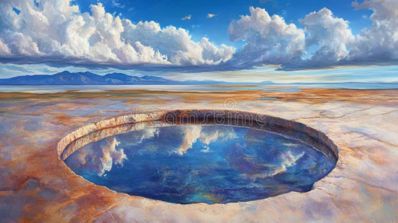 Vast Desert Landscape with Circular Water Reflection Stock Illustration ...