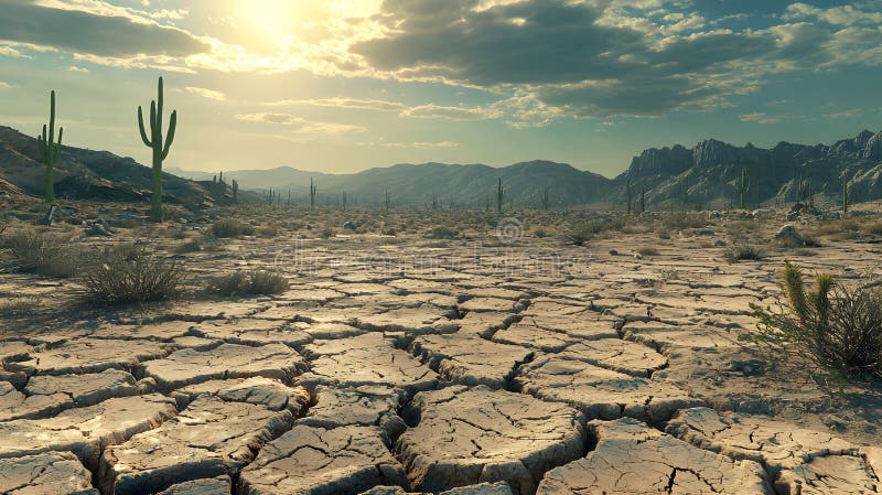 Vast Desert Landscape with Cracked Earth and Cacti Stock Illustration ...