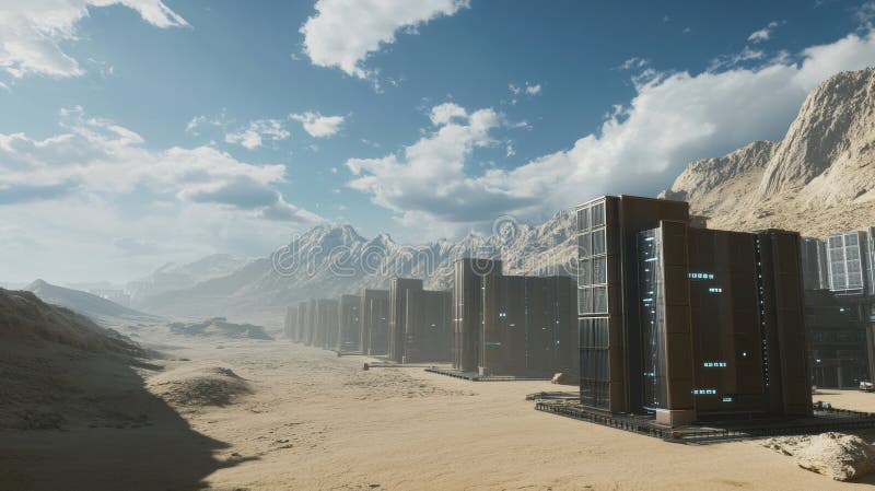 A Vast Desert Landscape Featuring Massive Data Centers, Creating an ...
