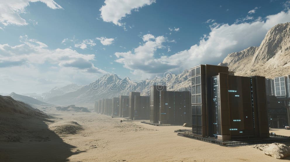 A Vast Desert Landscape Featuring Massive Data Centers, Creating an ...