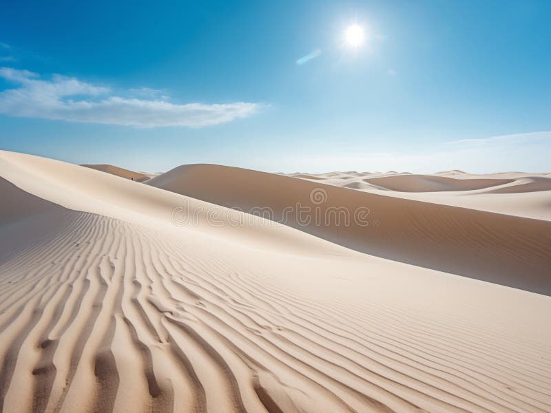 Vast Desert Landscape with Sand Dunes and Clear Blue Sky Above Stock ...