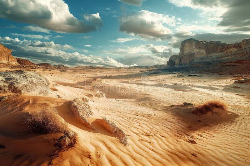 Vast Desert Landscape Showcasing Unique Sand Formations Under a ...
