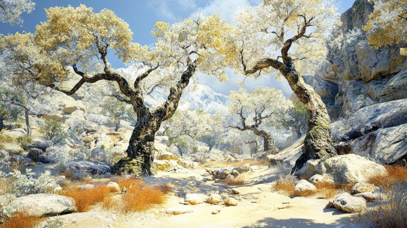 Vast Desert Landscape Sparse Trees and Rocky Formations Under Serene ...