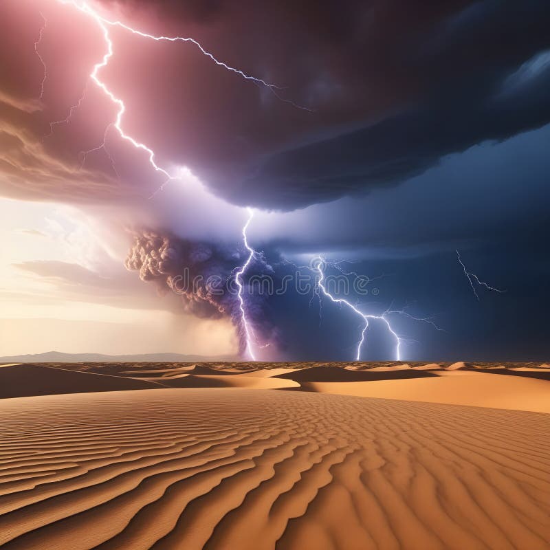 At Vast Desert, Lightning Strike Colored 3d Rendering Element. Stock ...