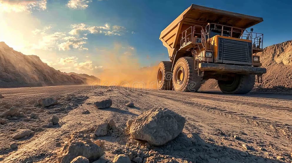At a Vast Desert Mining Operation, Several Excavators and Dump Trucks ...