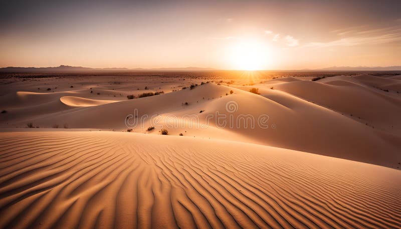 A Vast Desert with Sand Dunes and a Setting Sun Stock Illustration ...