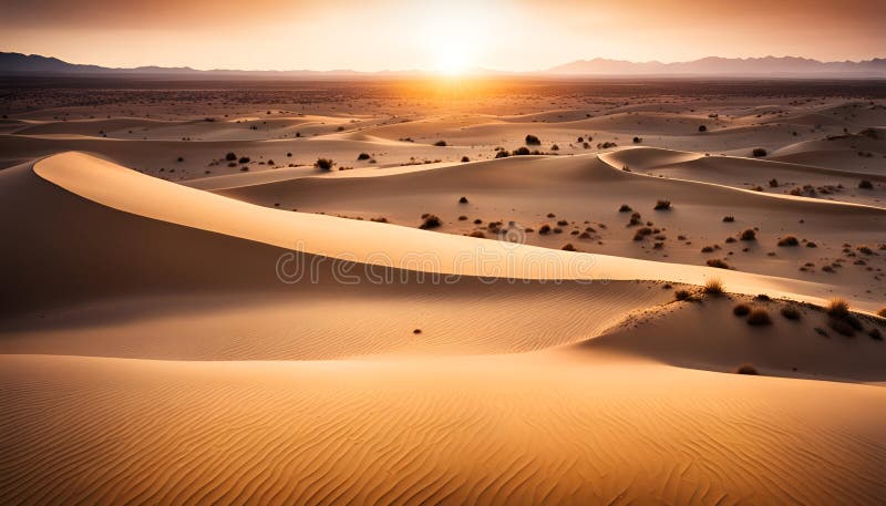 A Vast Desert with Sand Dunes and a Setting Sun Stock Illustration ...