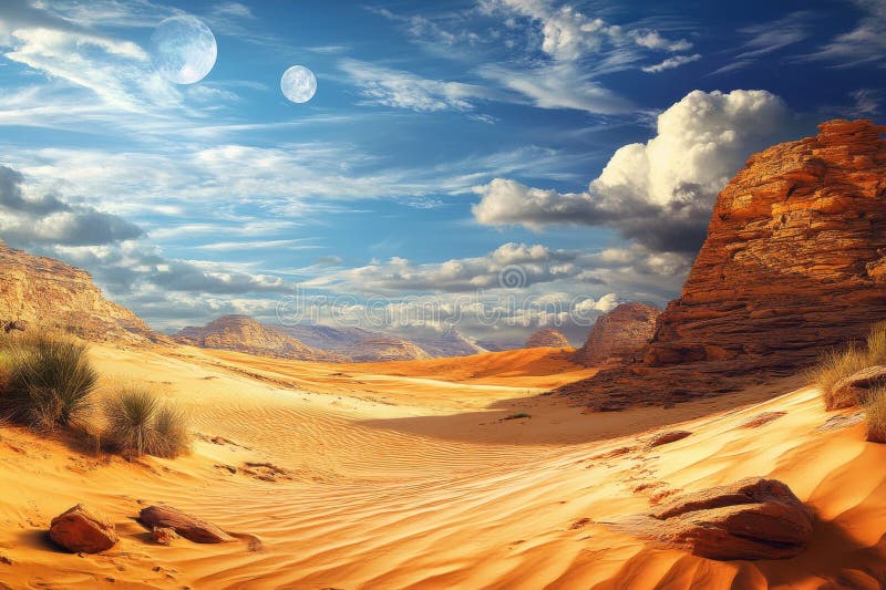 Surreal Desert Landscape with Two Moons and Dramatic Cloud Formations ...