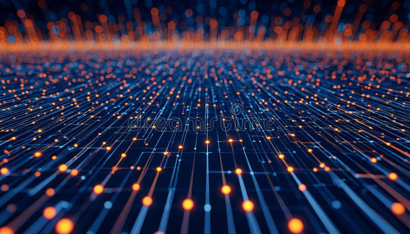 In a Vast Digital Landscape, Glowing Orange and Blue Particles Form a ...