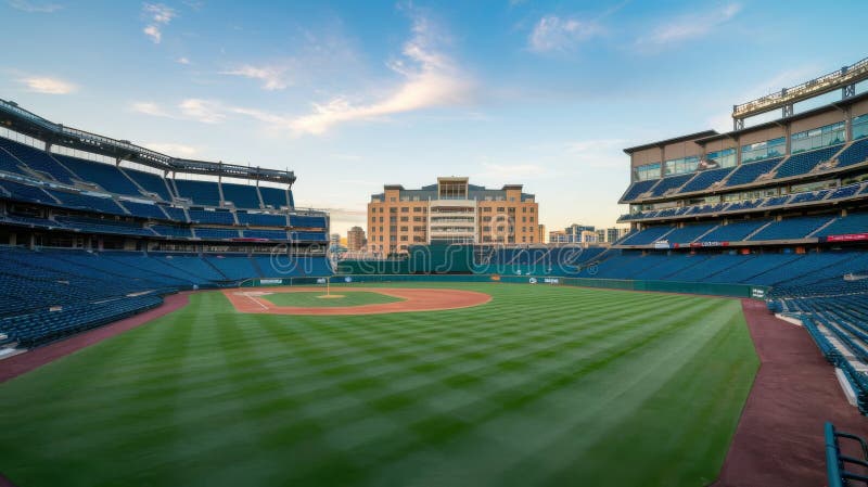Vast Empty Baseball Stadium Featuring Seating and Well-maintained Grass ...