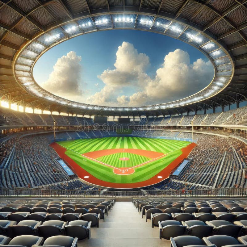 Vast Empty Baseball Stadium Featuring Seating and Well-maintained Grass ...