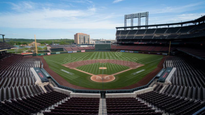 Vast Empty Baseball Stadium Featuring Seating and Well-maintained Grass ...