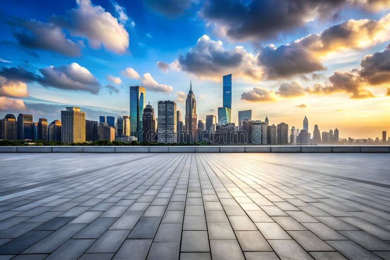 Empty Brick Floor with City Skyline View Stock Illustration ...
