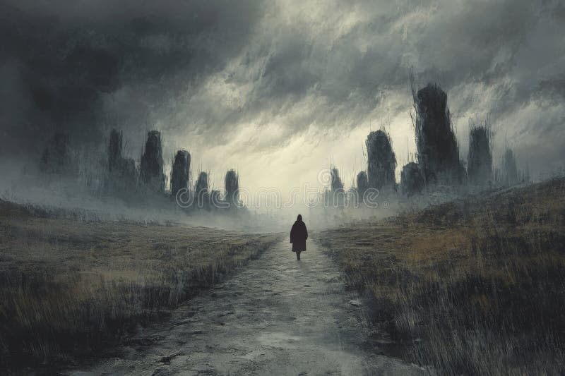 A Vast, Empty Landscape with a Single Path, Lined by Dark, Towering ...