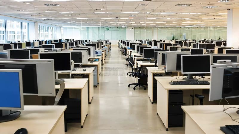 Vast, Empty Office Space Filled with Rows of Computer Workstations and ...