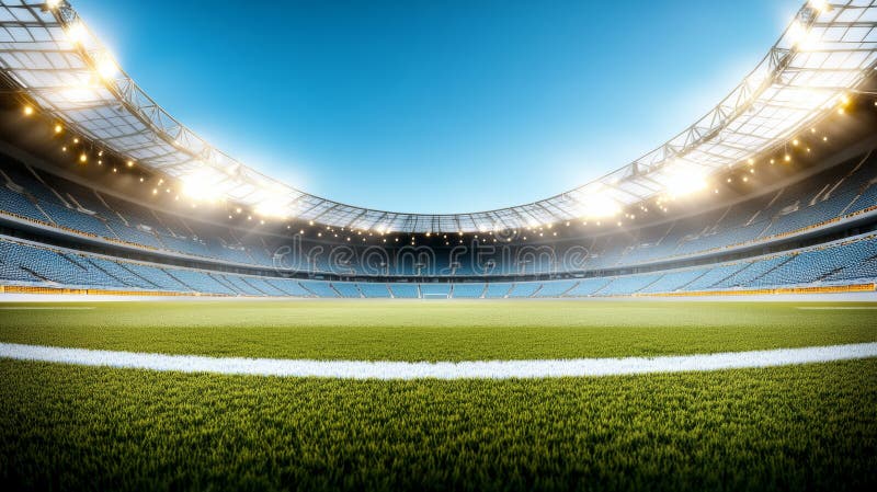 Vast Empty Soccer Stadium Under Clear Blue Sky with Bright Stadium ...
