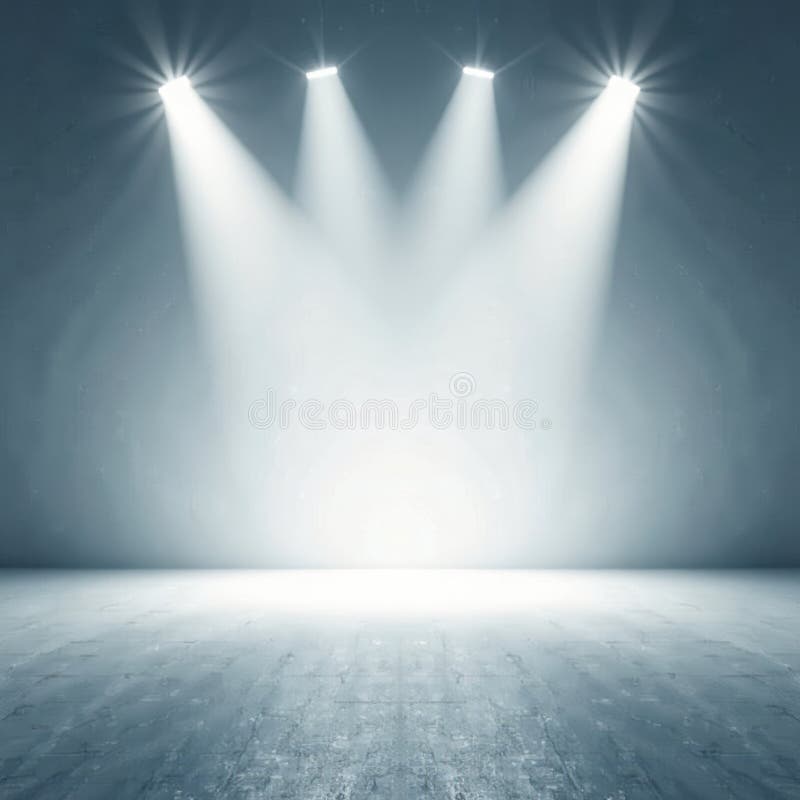 Vast Empty Stage, Bright White Spotlights Illuminate Polished Floor ...