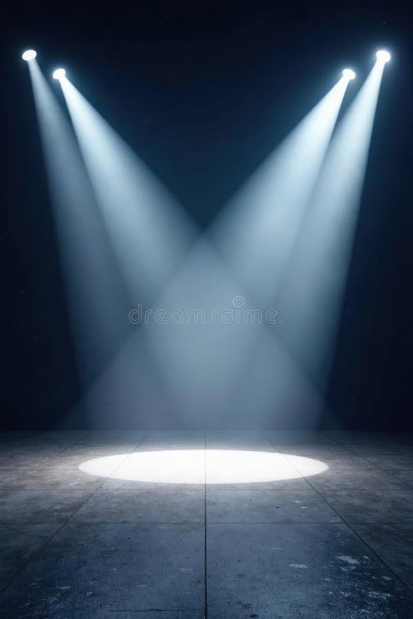 Vast Empty Stage, Bright White Spotlights Illuminate Polished Floor ...
