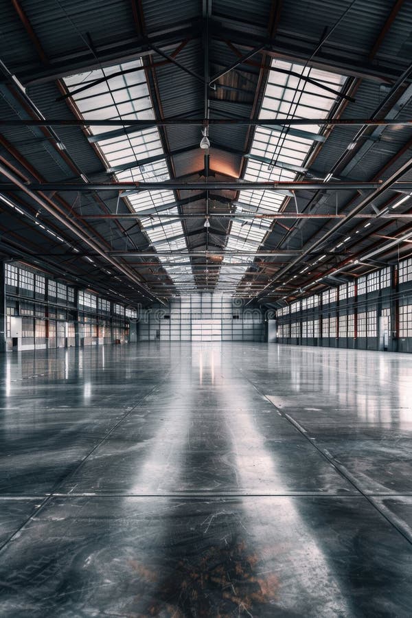 Expansive Empty Warehouse with Polished Floors and Skylights for ...