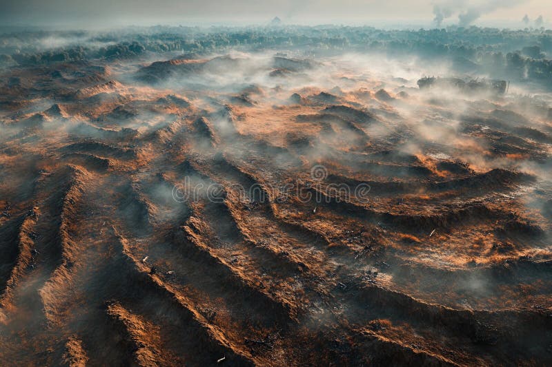 Misty Landscape of a Deforested Area with Striated Earth in the Morning ...