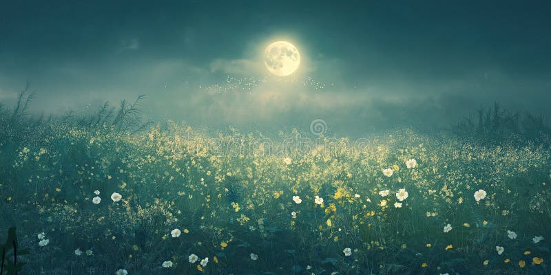 Field of Flowers with a Full Moon in the Sky Stock Illustration ...