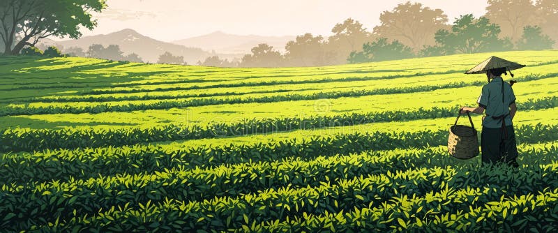 A Vast Field of Green Tea with Tea Leaf Picker at Dawn. Stock Photo ...