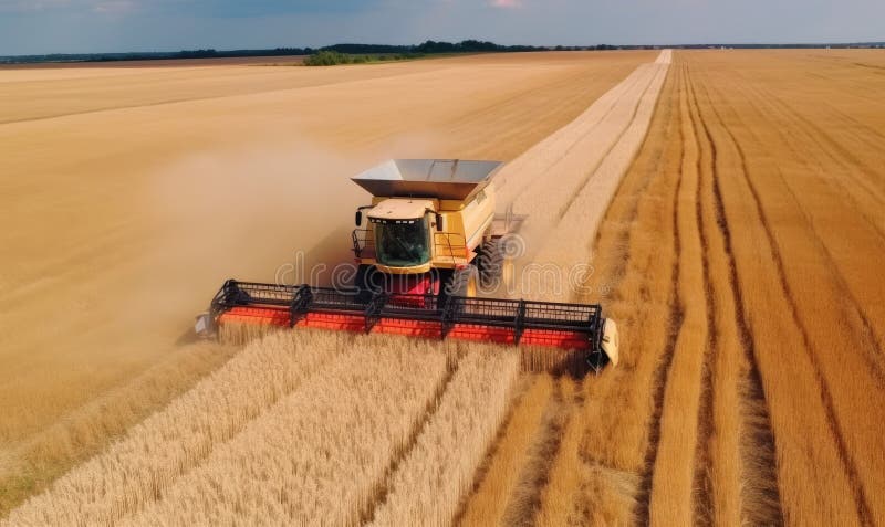 In the Vast Field, the Harvester Gathers Ripe Wheat Creating Using ...