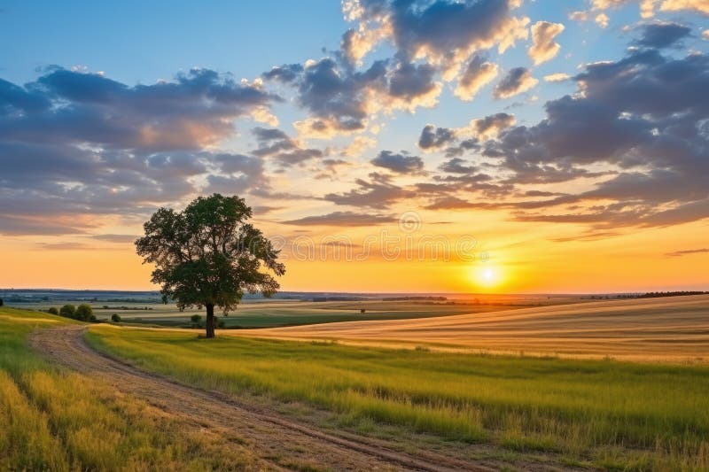 Vast Field and Landscape at Sunset. Generative Ai Stock Illustration ...