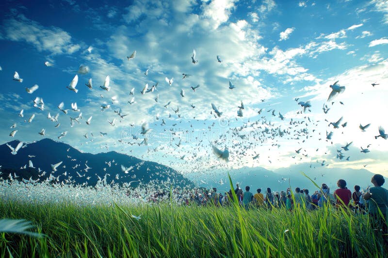 A Vast Flock of Doves Released into the Sky Over a Green Field. Stock ...