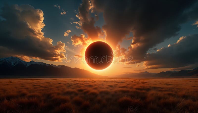 Vast Grassland Under Dramatic Sunset Sky during Total Solar Eclipse ...