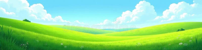 Vast Grassy Expanse, Cartoon Style Panoramic View , Day, Wide, Element ...