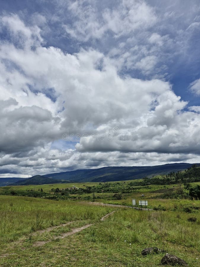 Vast Green Field Under Dramatic Cloudy Sky, with Distant Mountains and ...
