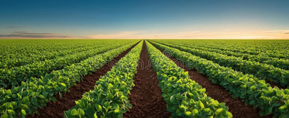The Vast Green Fields of Crops Under a Beautiful Blue Sky at Sunset. AI ...