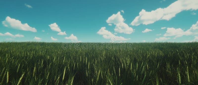 Vast Green Fields Under a Bright Blue Sky with Fluffy White Clouds ...