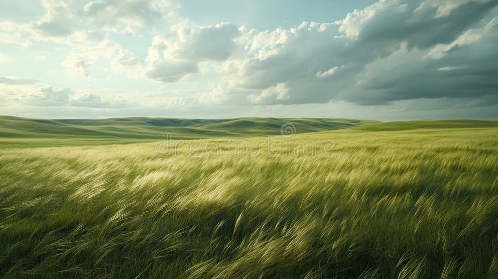 Vast Green Fields Under a Dramatic Sky with Fluffy Clouds Stock ...
