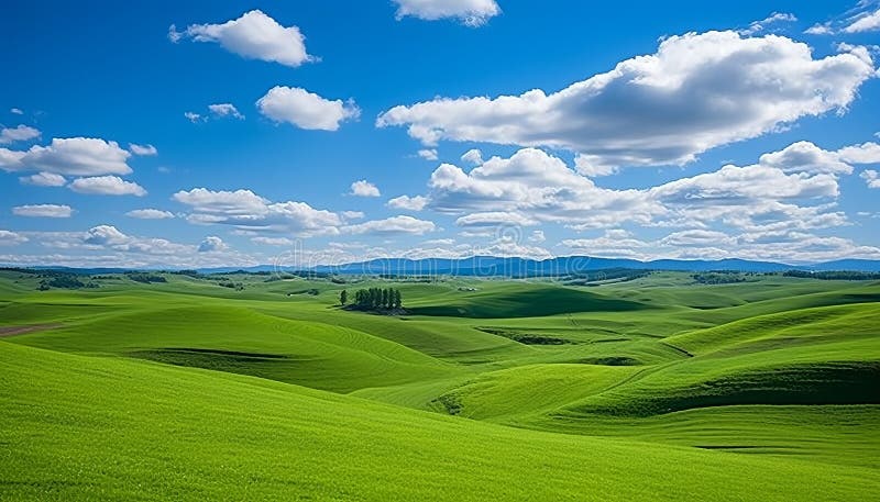 Vast Green Fields Under Serene Blue Sky with Fluffy Clouds, a Tranquil ...
