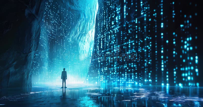 Vast Illuminated Data Canyon with a Lone Figure, Showcasing the Depth ...