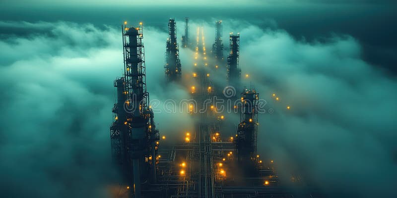 Industrial Facility Surrounded by Fog with Illuminated Towers at Dusk ...
